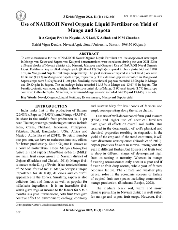 (PDF) Use of NAUROJI Novel Organic Liquid Fertilizer on Yield of Mango ...