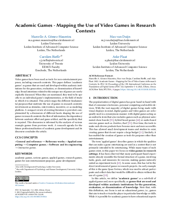 (PDF) Academic Games - Mapping the Use of Video Games in Research Contexts