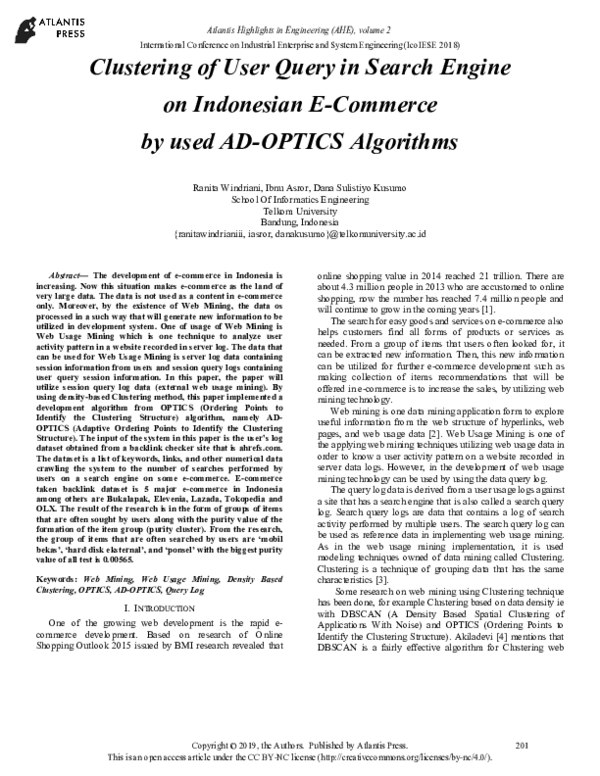 Pdf Clustering Of User Query In Search Engine On Indonesian E Commerce By Used Ad Optics