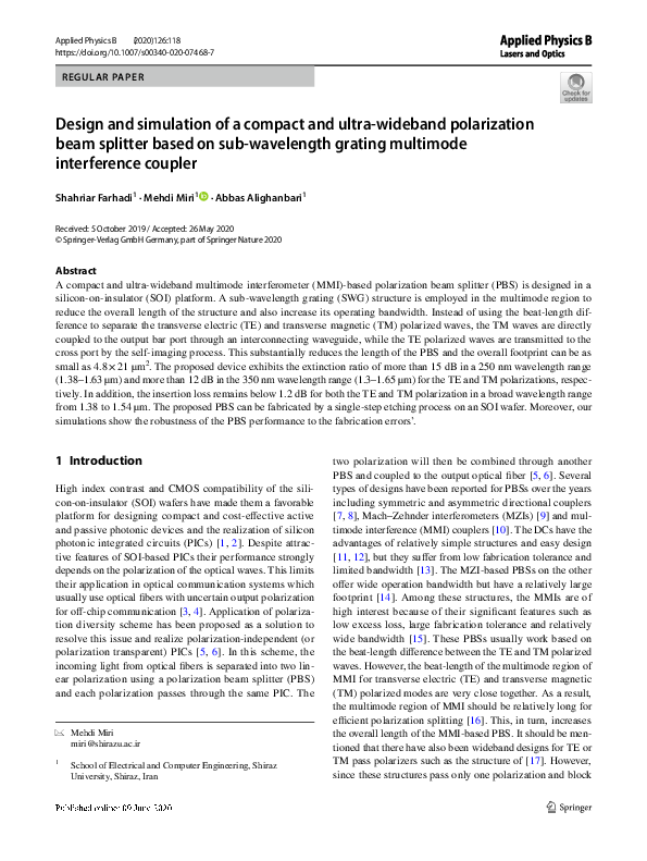 Pdf Design And Simulation Of A Compact And Ultra Wideband Polarization Beam Splitter Based On