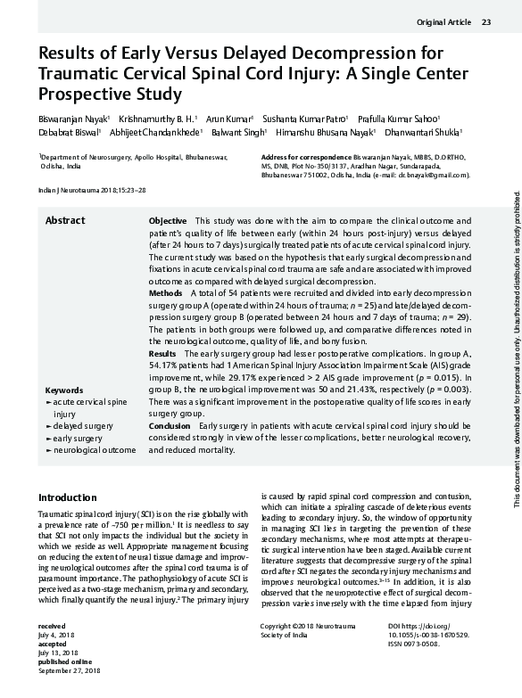 (PDF) Results of Early Versus Delayed Decompression for Traumatic ...