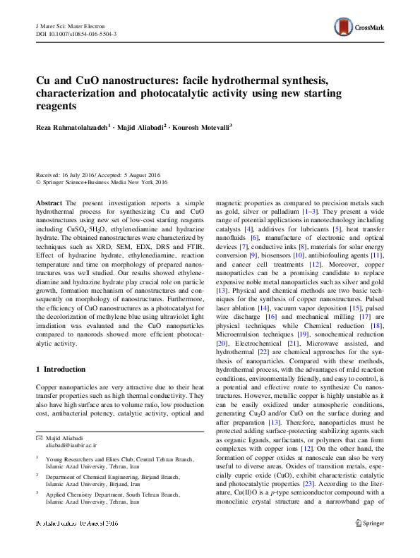 (PDF) Cu and CuO nanostructures: facile hydrothermal synthesis, characterization and ...