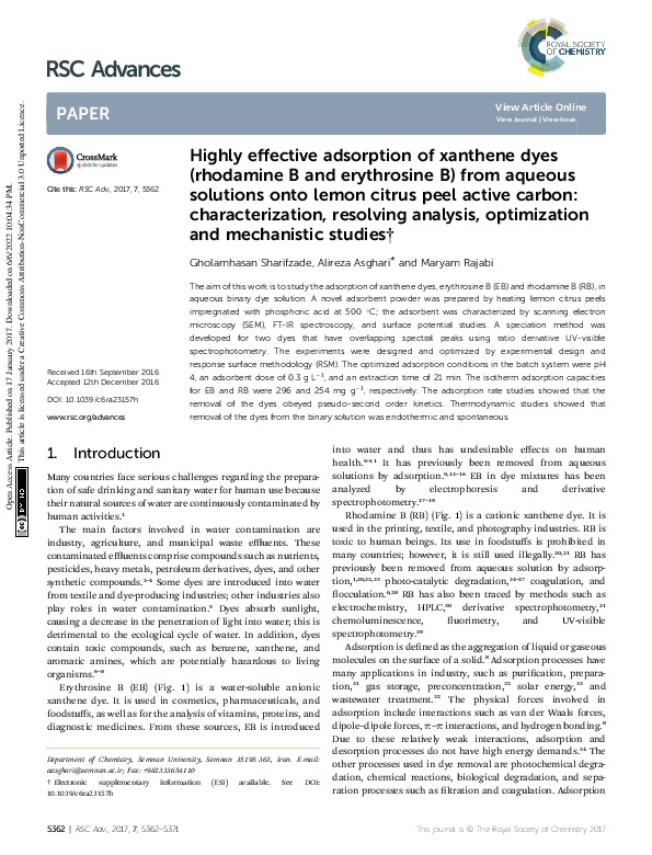 (PDF) Highly effective adsorption of xanthene dyes (rhodamine B and erythrosine B) from aqueous ...