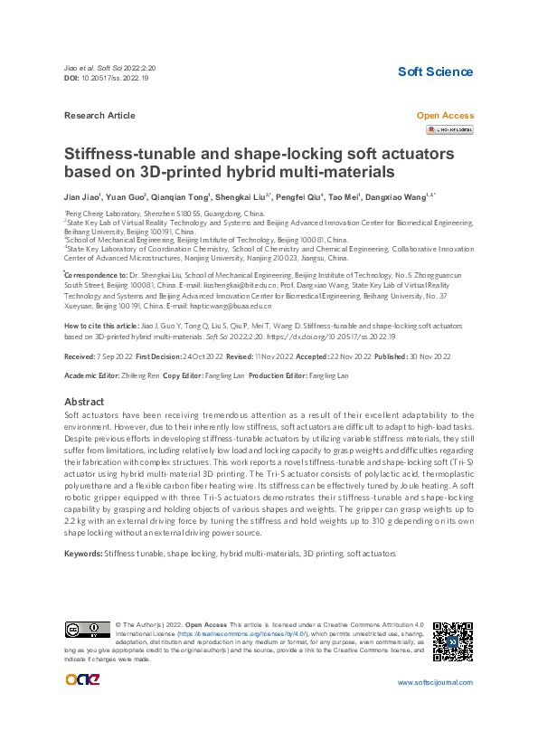 Pdf Stiffness Tunable And Shape Locking Soft Actuators Based On 3d