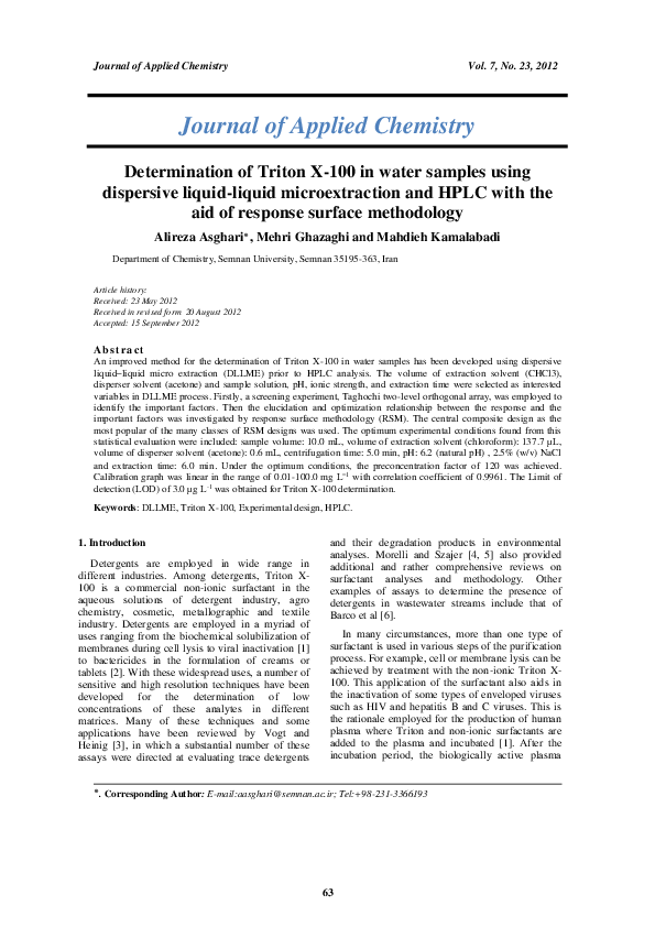 (PDF) Determination of Triton X-100 in water samples using dispersive liquid-liquid ...