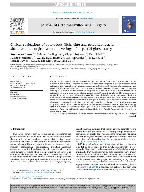 (PDF) Clinical evaluations of autologous fibrin glue and polyglycolic acid sheets as oral ...