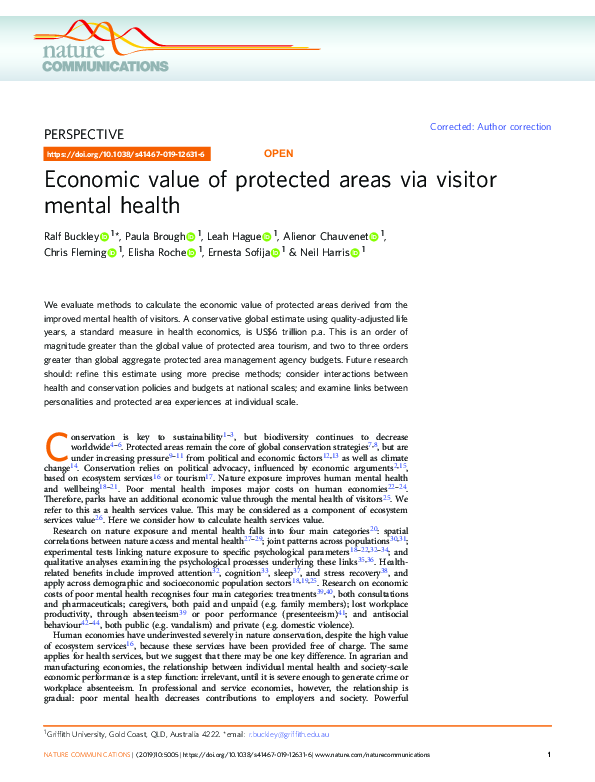 (PDF) Economic value of protected areas via visitor mental health