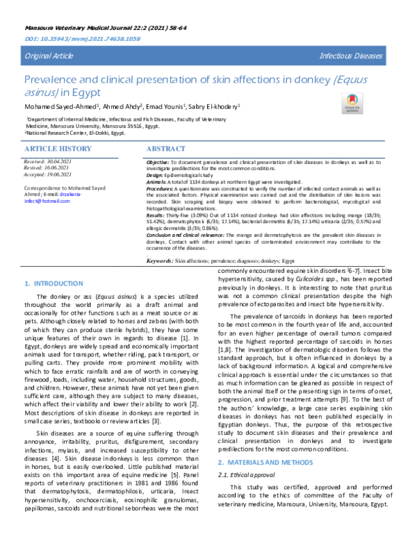 (PDF) Skin Diseases in Donkeys in Egypt: Prevalence Study
