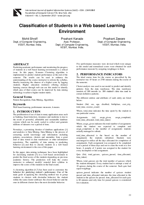 (PDF) Classification of Students in a Web based Learning Environment