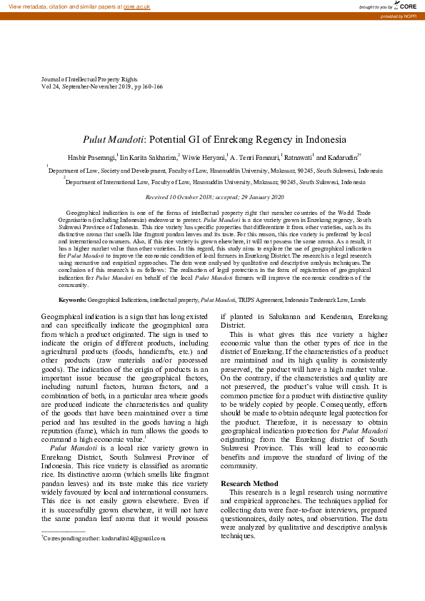 (PDF) Pulut Mandoti: Potential GI of Enrekang Regency in Indonesia