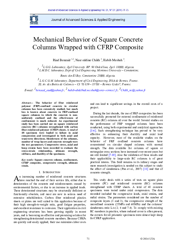 (PDF) Mechanical Behavior of Square Concrete Columns Wrapped with CFRP Composite