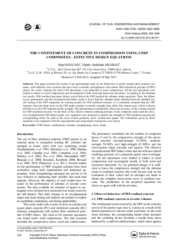 Pdf The Confinement Of Concrete In Compression Using Cfrp Composites Effective Design Equations