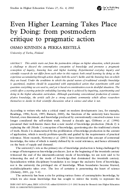 (PDF) Even Higher Learning Takes Place by Doing: From postmodern ...
