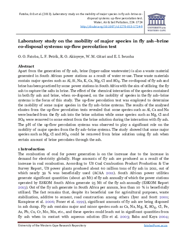 (PDF) Laboratory Study on the Mobility of Major Species in Fly Ash ...