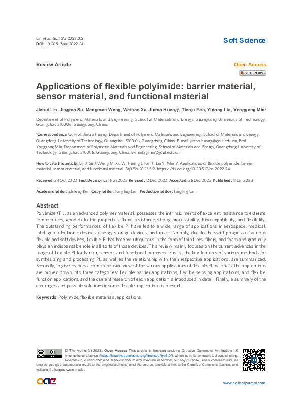 (PDF) Applications of flexible polyimide: barrier material, sensor material, and functional material