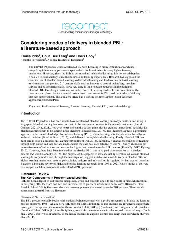 (PDF) Considering modes of delivery in blended PBL: a literature-based ...
