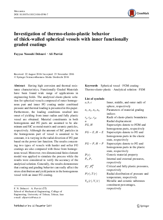 Pdf Investigation Of Thermo Elasto Plastic Behavior Of Thick Walled Spherical Vessels With
