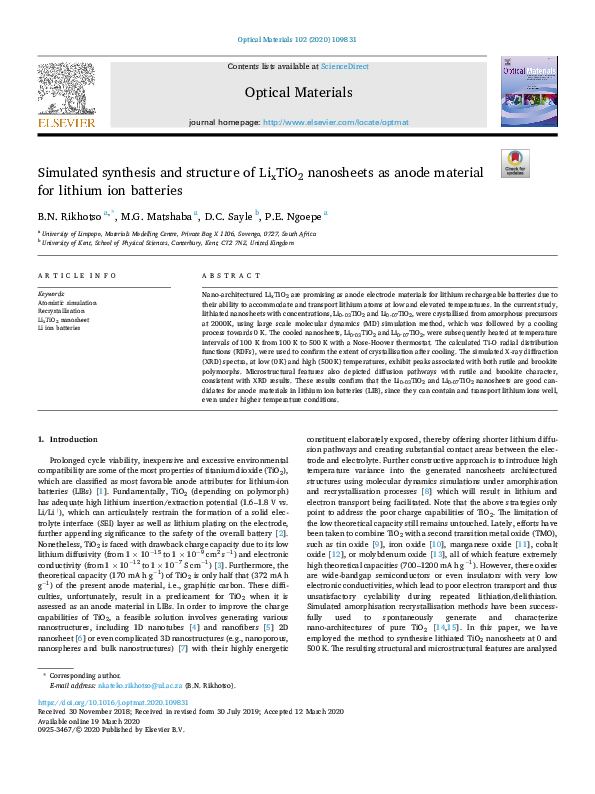 (PDF) Simulated synthesis and structure of LixTiO2 nanosheets as anode material for lithium ion ...