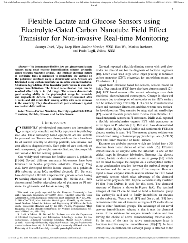 (PDF) Flexible Lactate and Glucose Sensors Using Electrolyte-Gated Carbon Nanotube Field Effect ...
