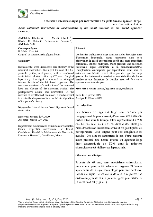 (PDF) Occlusion intestinale aiguë par incarcération du grêle dans le ...
