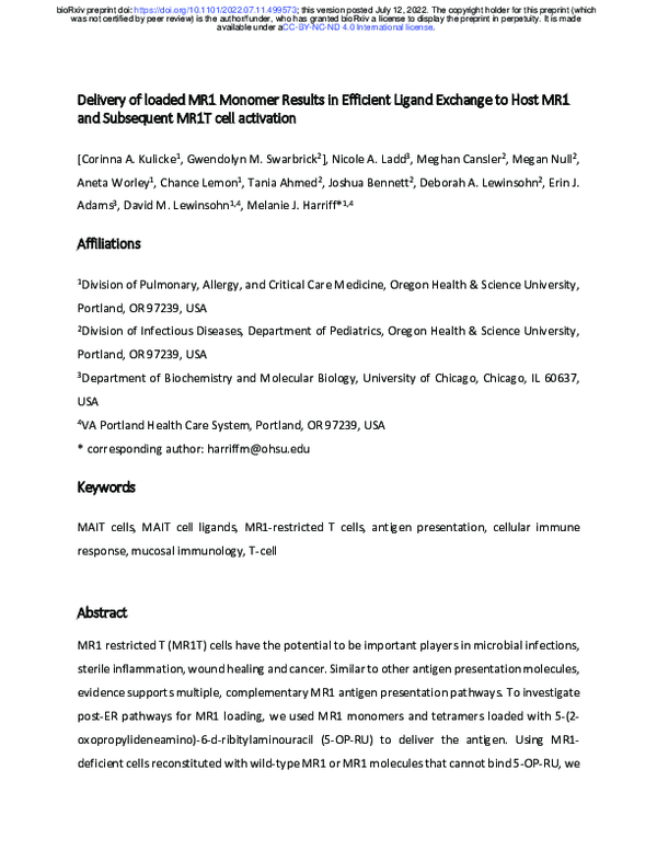 (PDF) Delivery of loaded MR1 Monomer Results in Efficient Ligand ...
