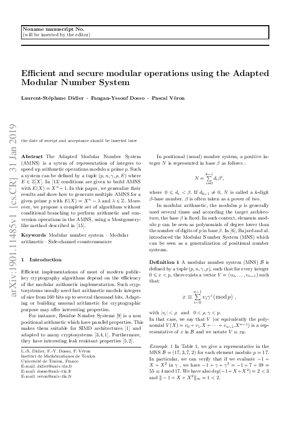 (PDF) Efficient and secure modular operations using the Adapted Modular Number System
