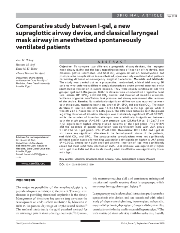 (PDF) I-gel vs LMA: A Study on Airway Devices