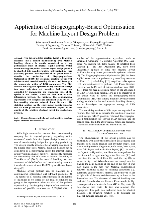 (PDF) Application of Biogeography-Based Optimisation for Machine Layout Design Problem