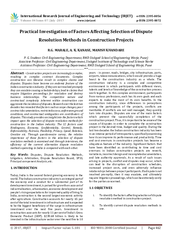 Pdf Practical Investigation Of Factors Affecting Selection Of Dispute Resolution Methods In