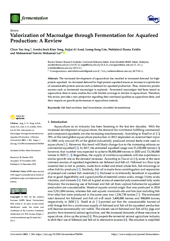 (PDF) Valorization of Macroalgae through Fermentation for Aquafeed Production: A Review