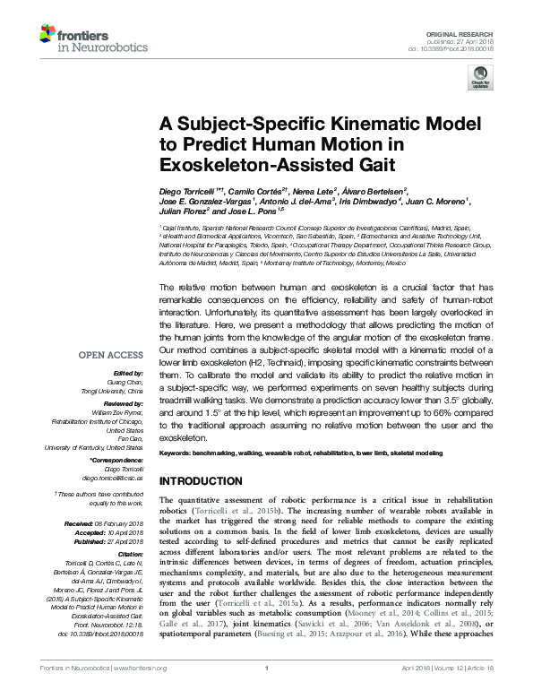 (PDF) A Subject-Specific Kinematic Model to Predict Human Motion in ...