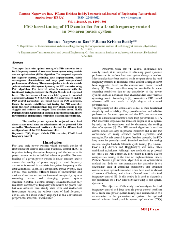 Pdf Pso Based Tuning Of Pid Controller For A Load Frequency Control In Two Area Power System