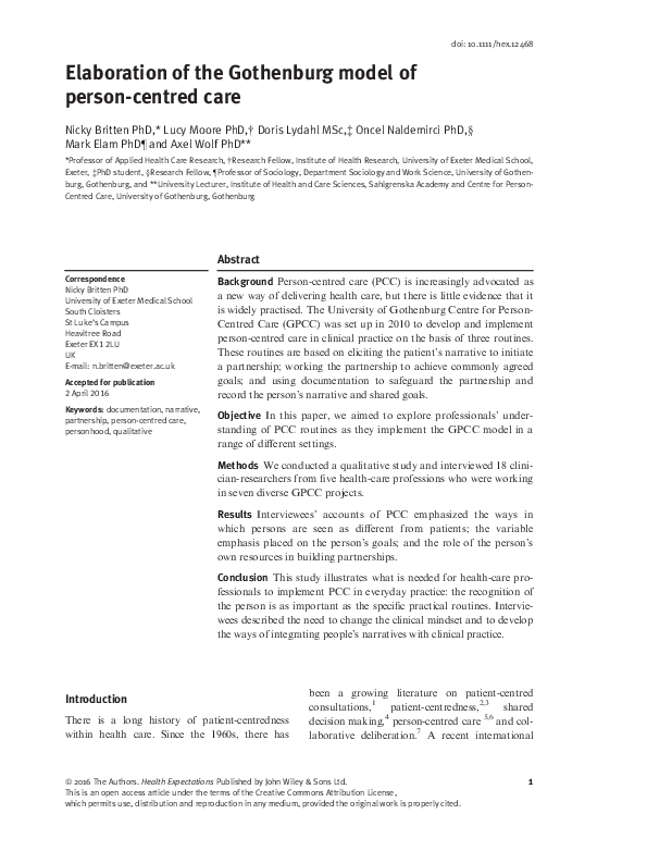 (PDF) Elaboration of the Gothenburg model of person-centred care