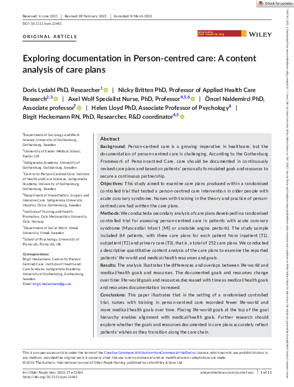 (PDF) Exploring documentation in Person‐centred care: A content ...