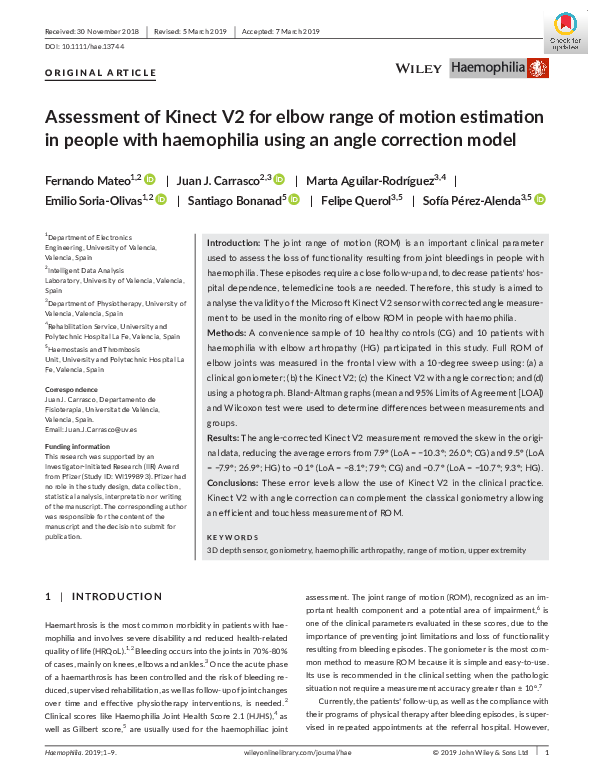 (PDF) Assessment of Kinect V2 for elbow range of motion estimation in people with haemophilia ...