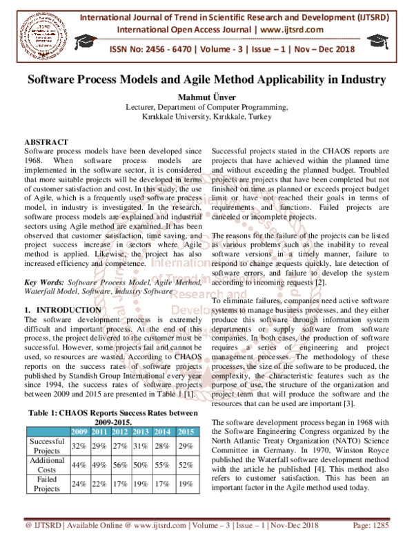 (PDF) Software Process Models and Agile Method Applicability in Industry