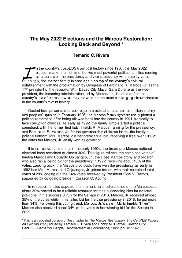 (PDF) The May 2022 Elections and the Marcos Restoration: Looking Back and Beyond