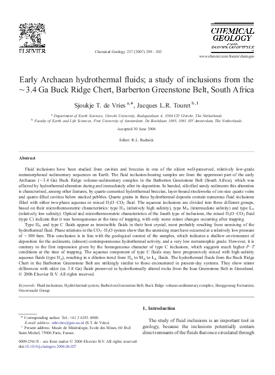 (PDF) Early Archaean hydrothermal fluids; a study of inclusions from ...