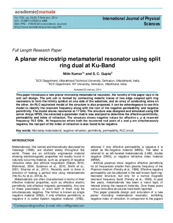 (PDF) A planar microstrip metamaterial resonator using split ring dual at Ku-Band