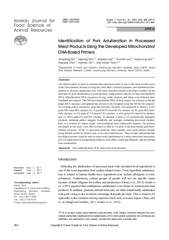 Pdf Identification Of Pork Adulteration In Processed Meat Products Using The Developed