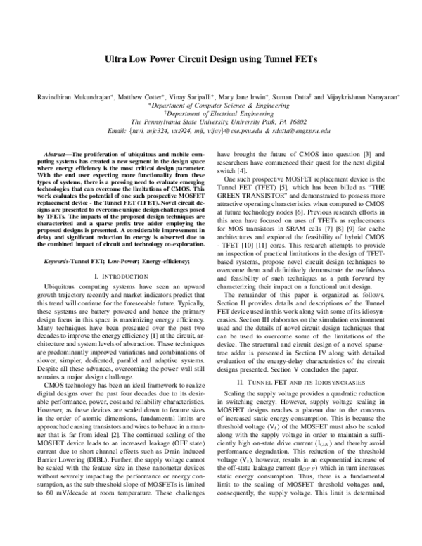 (PDF) Ultra Low Power Circuit Design Using Tunnel FETs