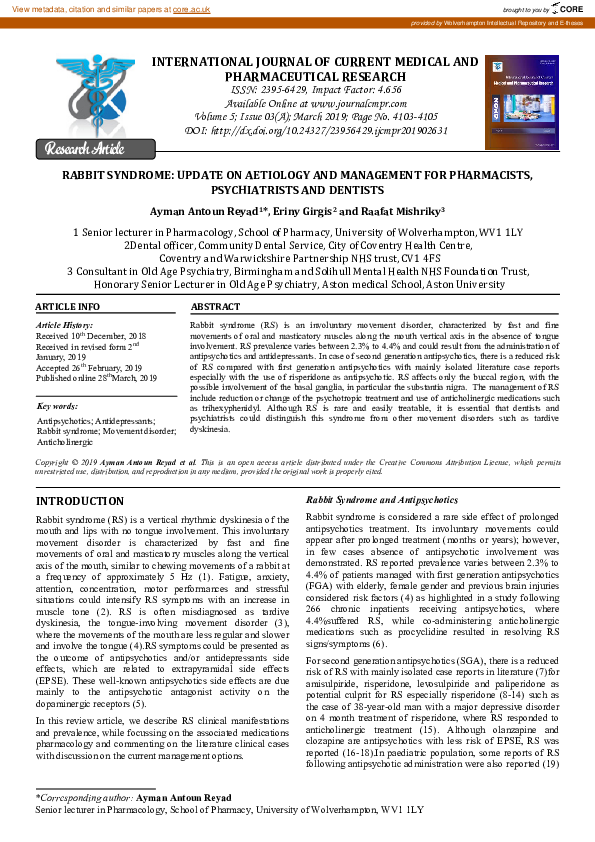 (PDF) Rabbit syndrome: update on aetiology and management for ...