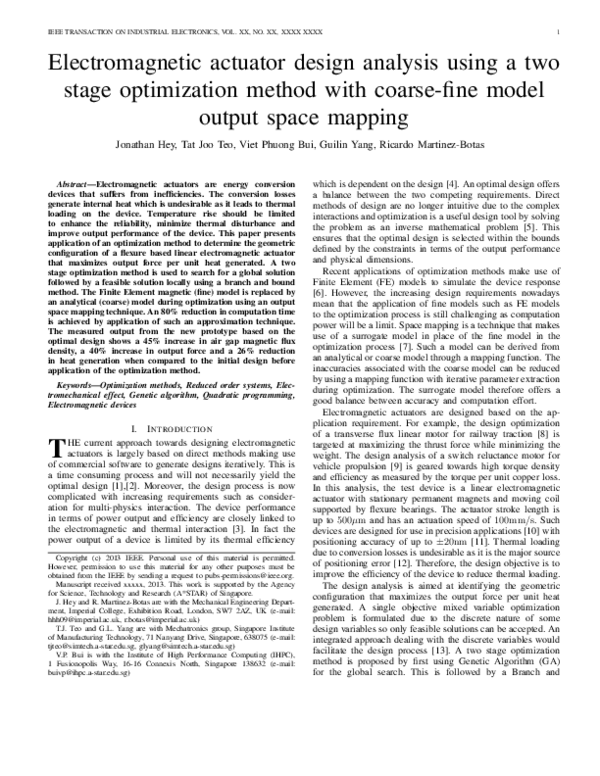Pdf Electromagnetic Actuator Design Analysis Using A Two Stage Optimization Method With Coarse