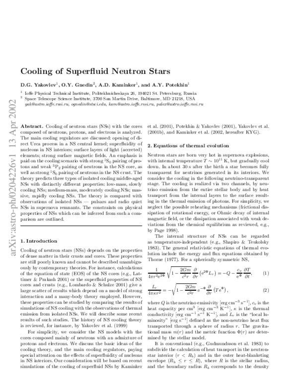 (PDF) Cooling of Superfluid Neutron Stars