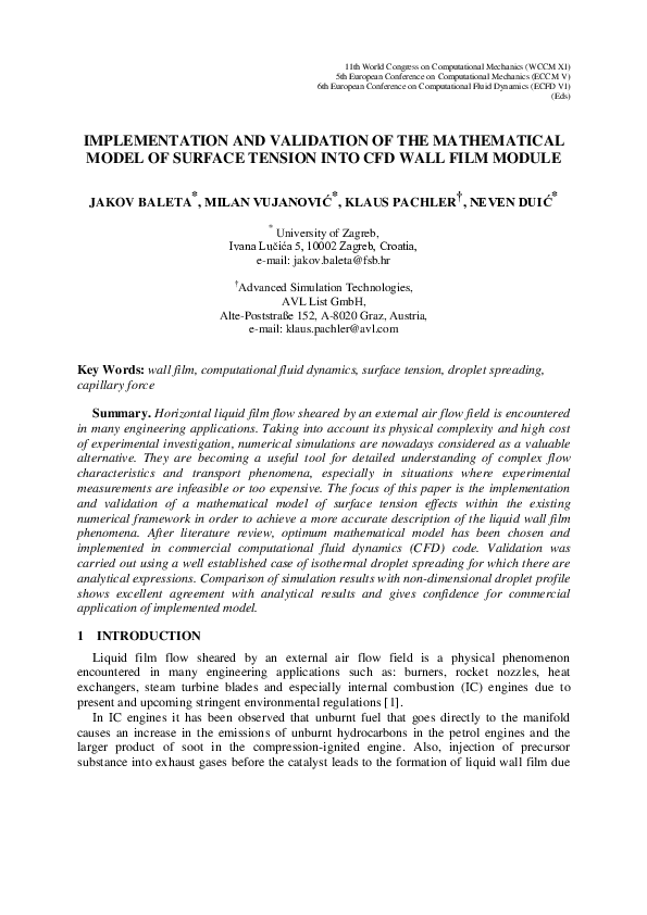 (PDF) Implementation and validation of the mathematical model of surface tension into CFD wall ...