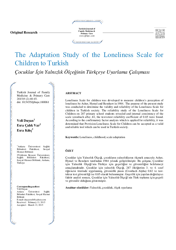 (PDF) The Adaptation Study of the Loneliness Scale for Children to Turkish