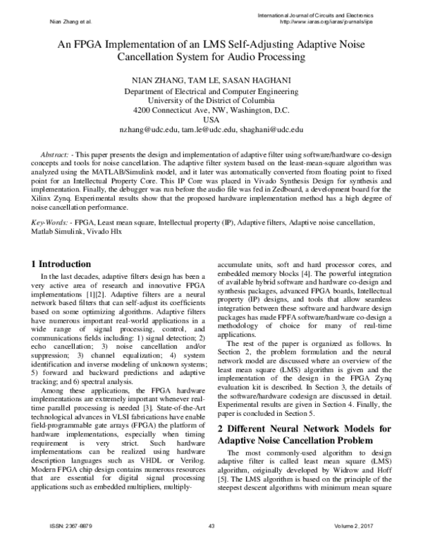 Pdf An Fpga Implementation Of An Lms Self Adjusting Adaptive Noise Cancellation System For