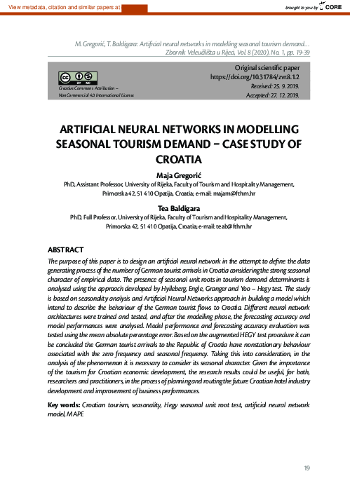 (PDF) Artificial neural networks in modelling seasonal tourism demand - case study of Croatia