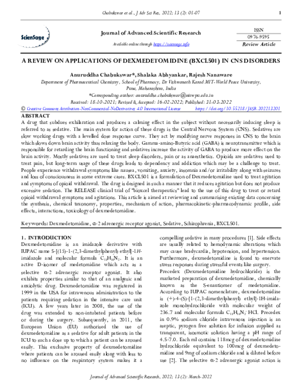 (PDF) A Review on Applications of Dexmedetomidine (BXCL501) in CNS ...