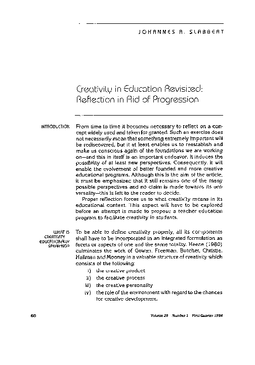 (PDF) Creativity in Education Revisited: Reflection in Aid of Progression